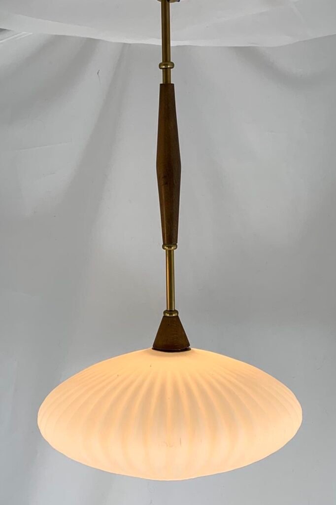 50s-60s White Glass & Teak Ceiling Light | The Light House